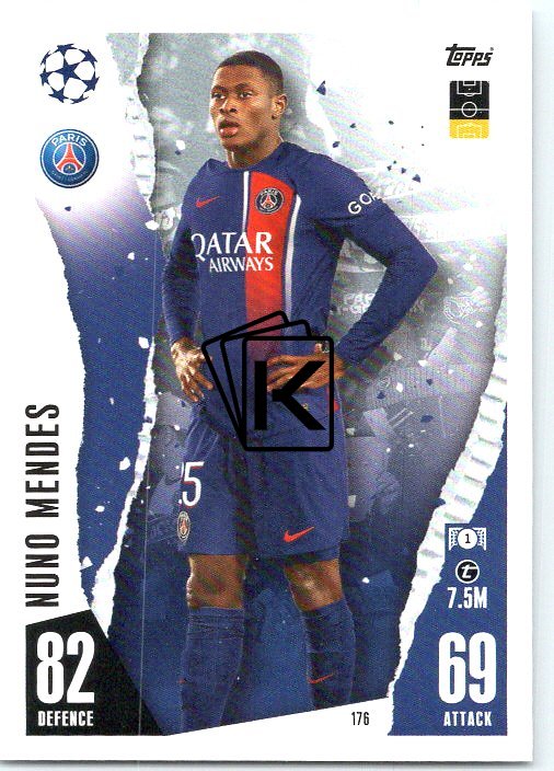 Fotbalová kartička 2023-24 Topps Match Attax UEFA Club Competitions 176 Nuno Mendes Paris Saint ...